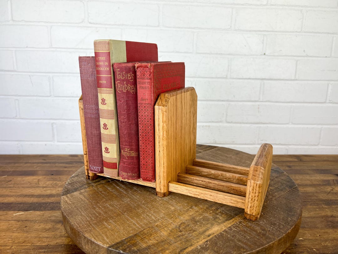 12 Vintage Sliding Oak Wood Book Storage Rack CD Storage Tabletop Book ...
