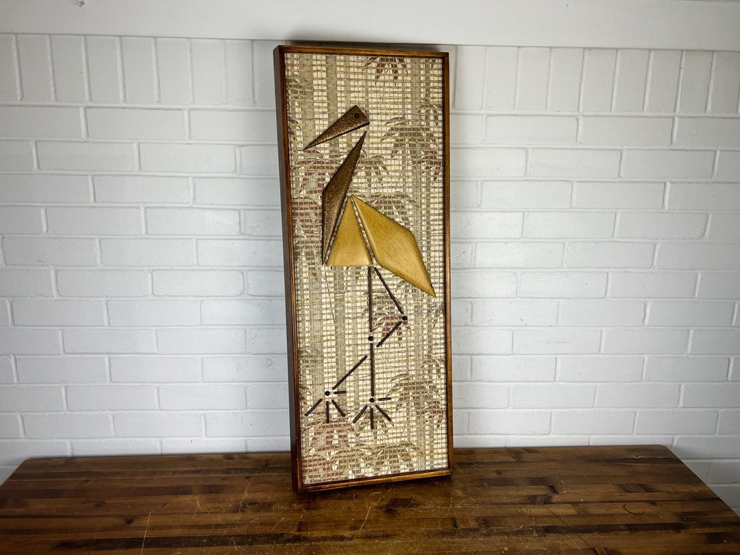 Large 33" Vintage Handmade Crane Wooden Wall Art Vertical Framed Wall ...