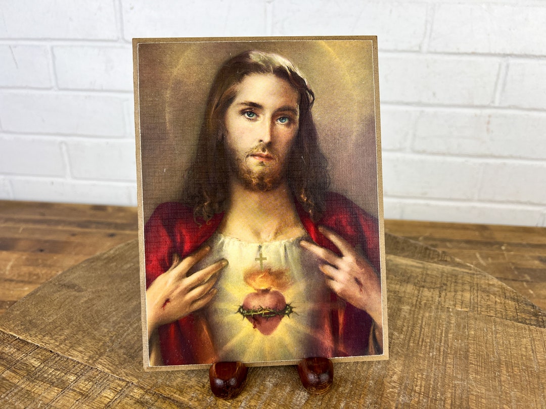Vintage Jesus Christ Picture With Wood Backing Promises of the Sacred ...