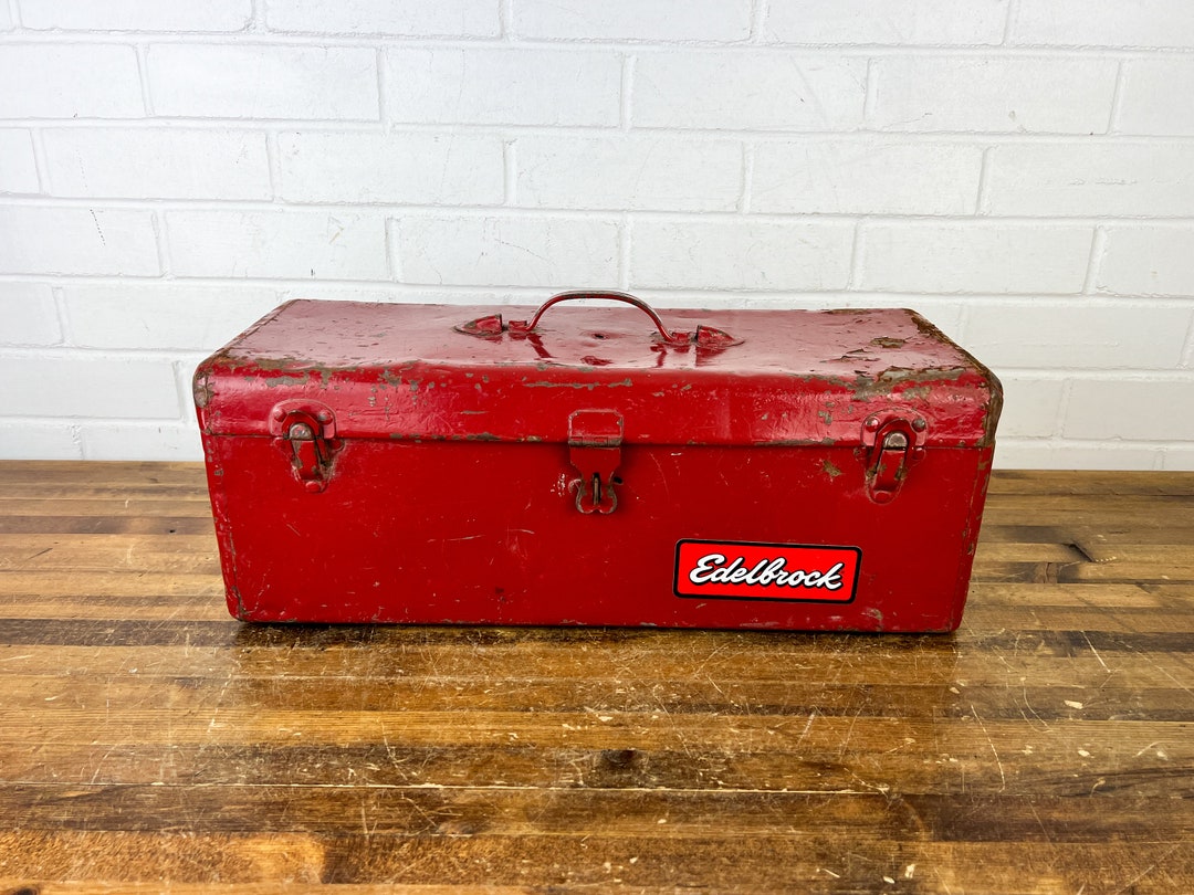 Vintage Distressed Red Metal Box With Lid and Tray Old Edelbrock Metal ...