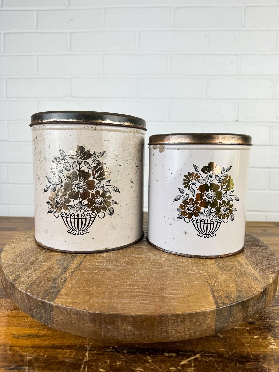 2 Piece Vintage Metal Canister Set White and Copper Colored Decoware ...