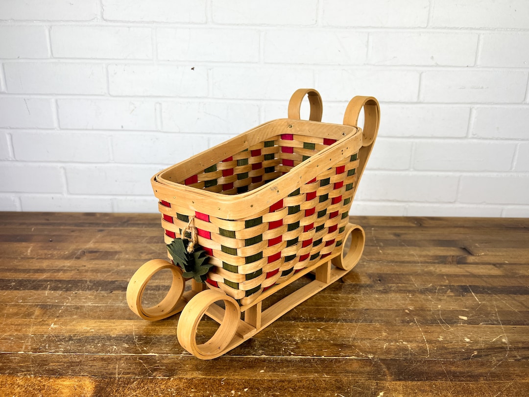 13" Vintage Brown Wicker Sleigh With Red and Green Stripes Small Wood ...