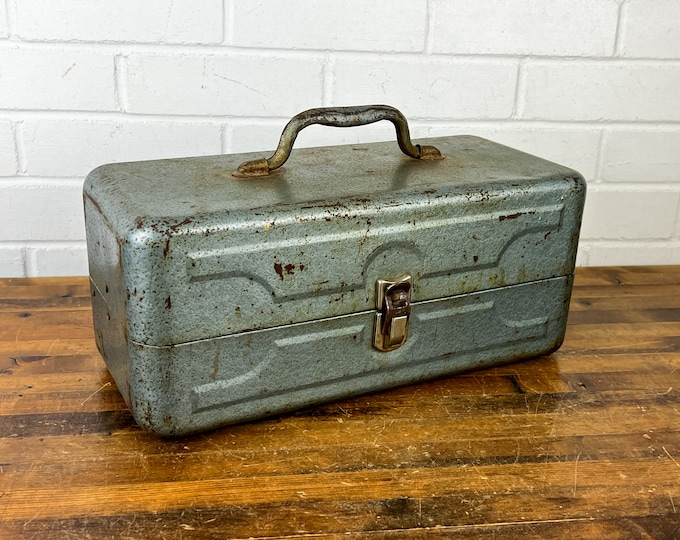 Distressed Vintage Blue Metal Tackle Box Old Fishing Gear Metal Box ...
