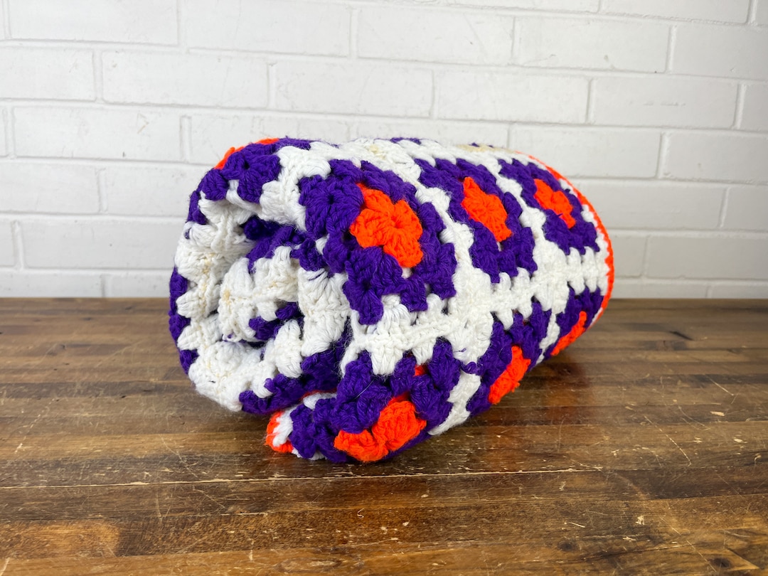 Vintage Neon Afghan Homemade Throw Orange, Purple, and White Floral ...