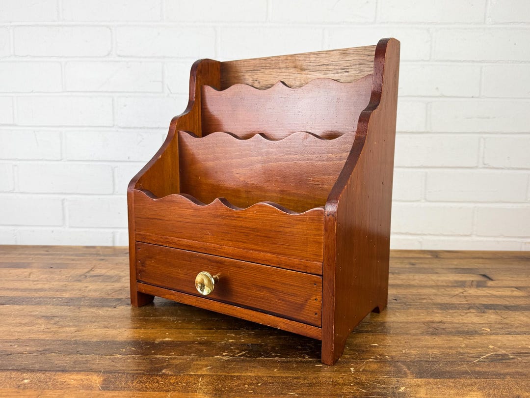 Vintage Wood Countertop Paper Organizer With 3 Slots and Drawer Desktop ...