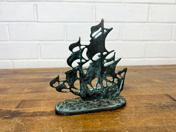 Vintage Metal Sailing Ship Statue Decor With Patina Boat With - Etsy