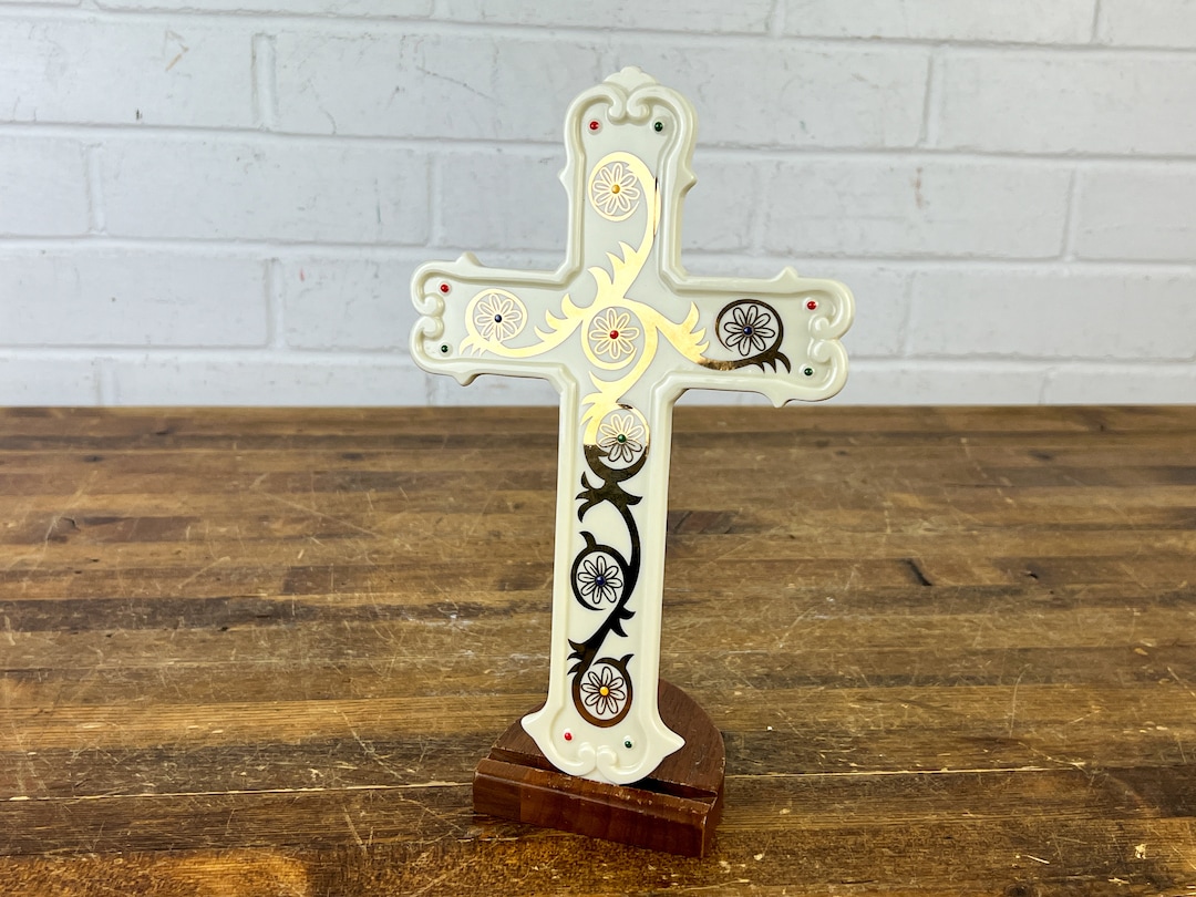 9" Vintage Unique Ceramic Cross Cream and Gold Religious Cross by ...