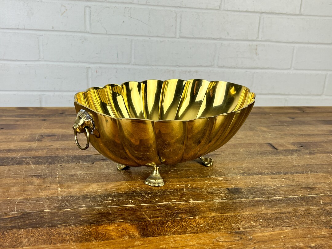 12x8" Vintage Claw Foot Brass Container With Lion Handles Scalloped ...