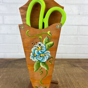 Vintage Handmade Wooden Scissor Holder With Blue Flowers Wood Holder ...