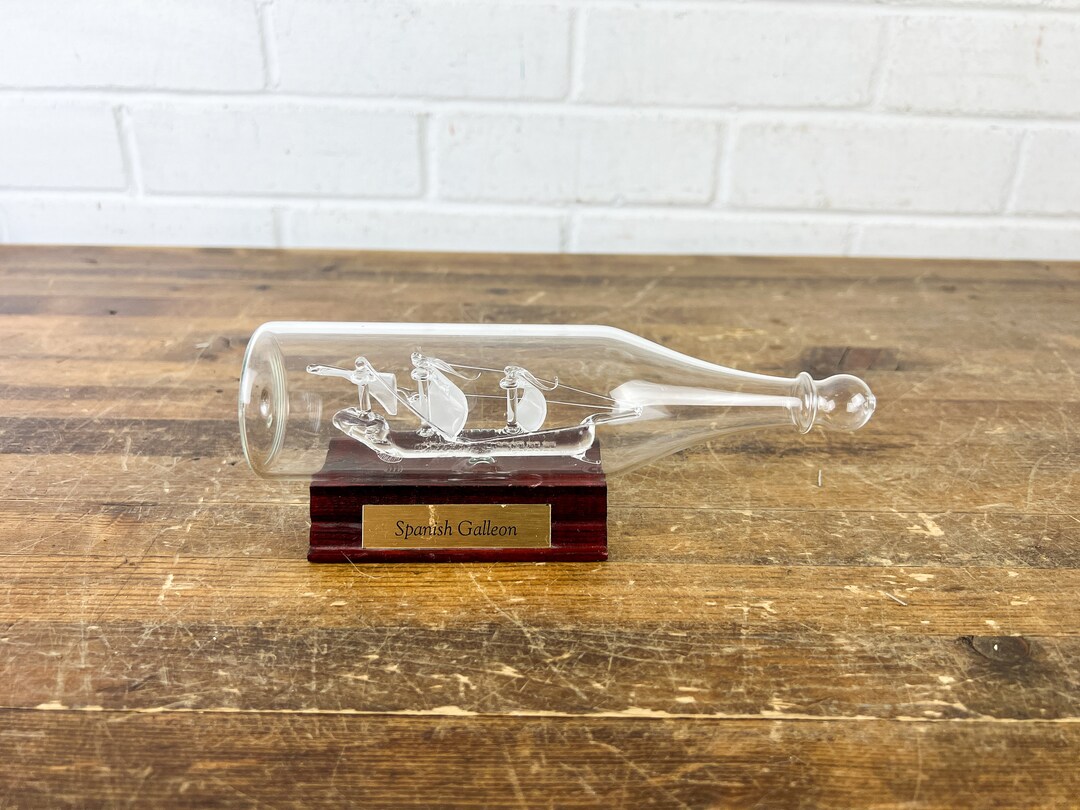 Vintage Spanish Galleon Glass Ship in A Bottle With Wood Stand Sailing ...