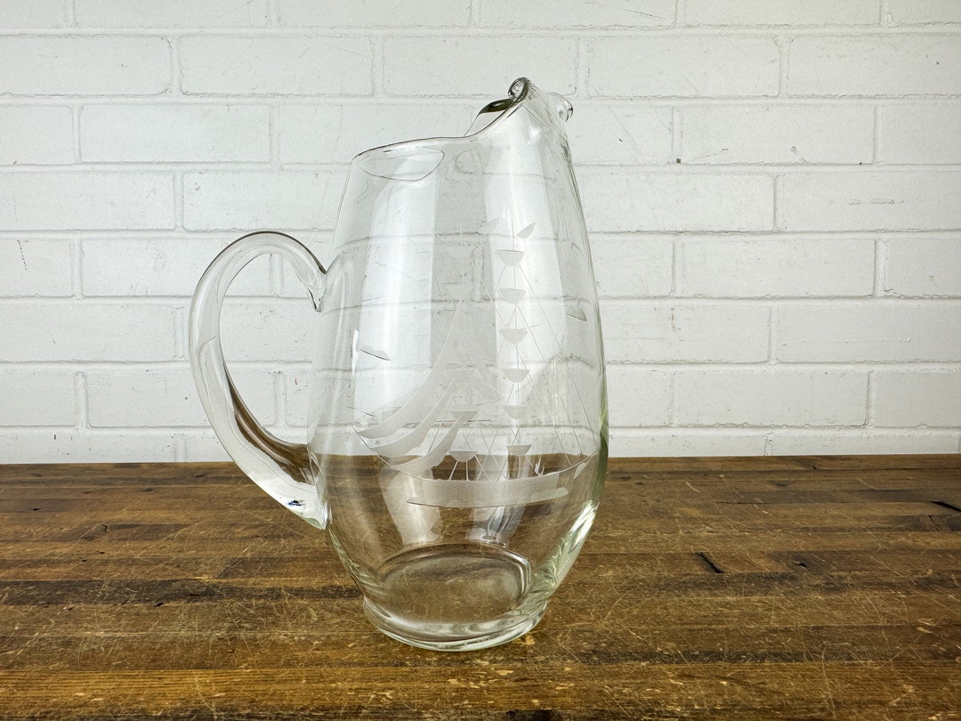 1980s Vintage Javit Crystal Clear Glass Pitcher With Clipper Ship ...
