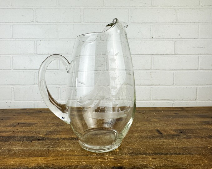 1980s Vintage Javit Crystal Clear Glass Pitcher With Clipper Ship ...