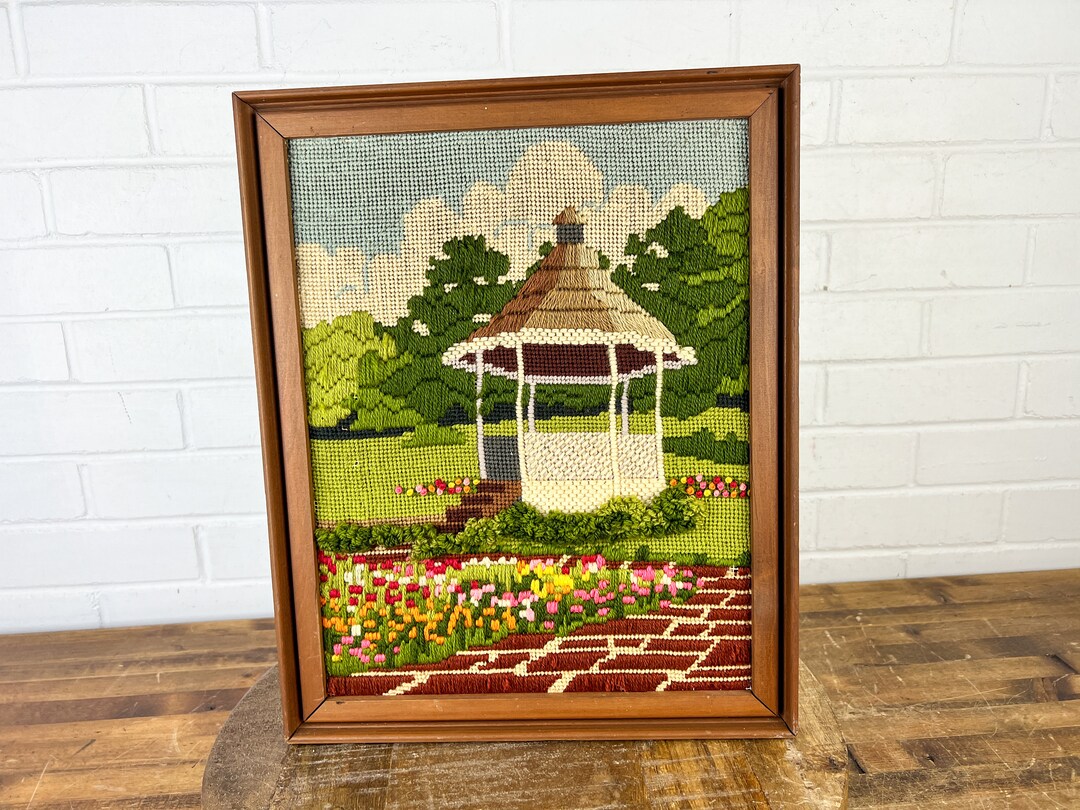Completed Vintage Springtime Gazebo Needlepoint in Wood Frame Garden ...