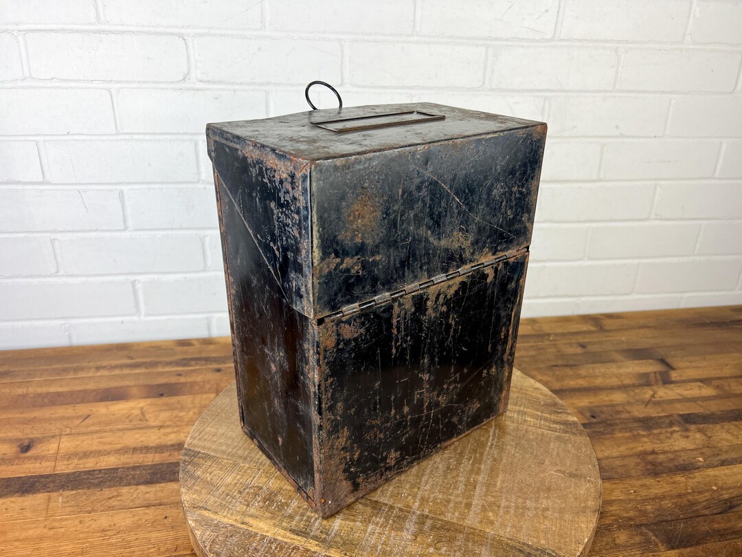 Vintage Black Distressed Metal Box Lid File Box Holds Paper Industrial ...