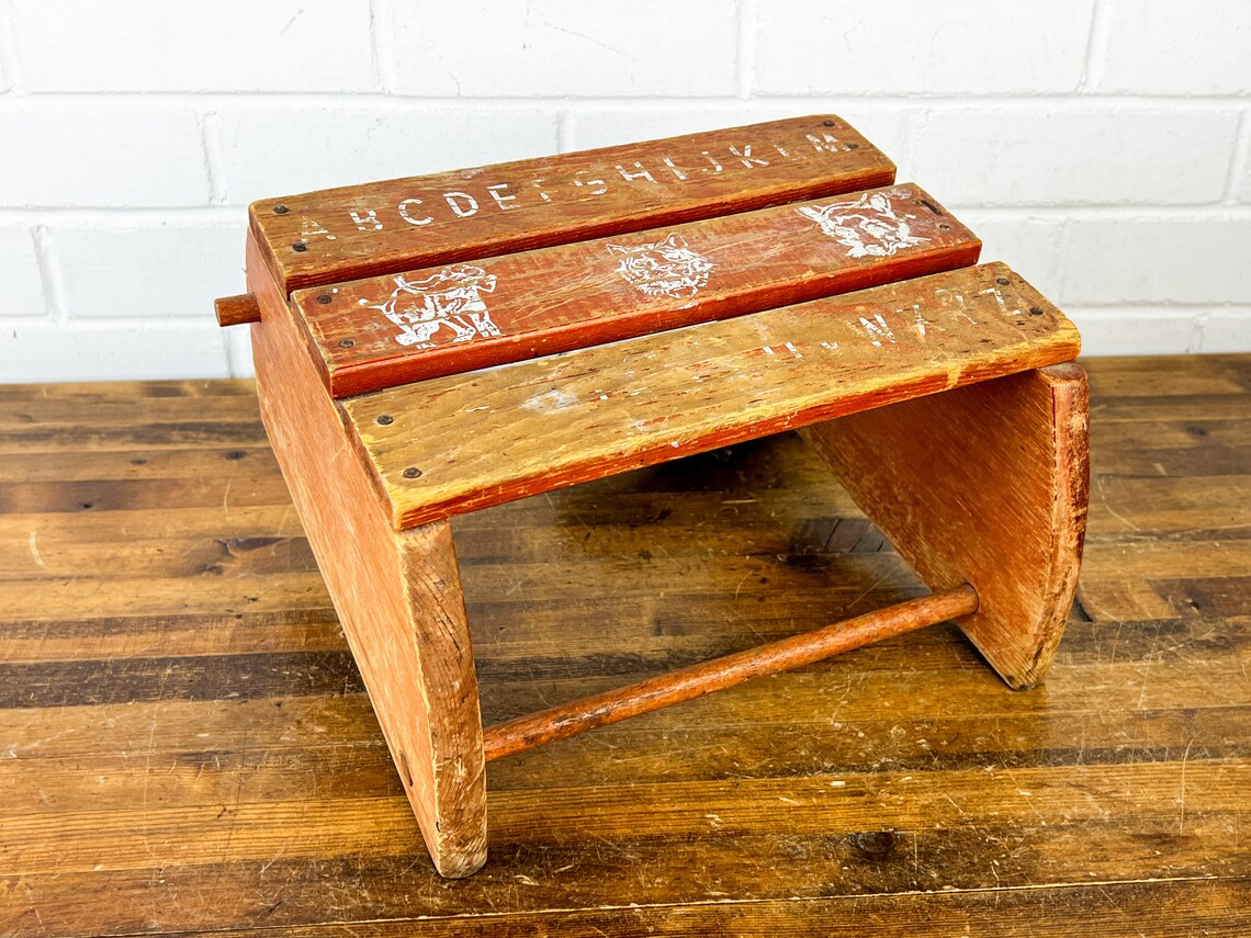 Vintage Old Red Wood Stool With Abcs and Animals Distressed - Etsy