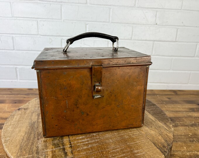 Small Distressed Vintage Copper Metal Box With Leather Handle Box to ...