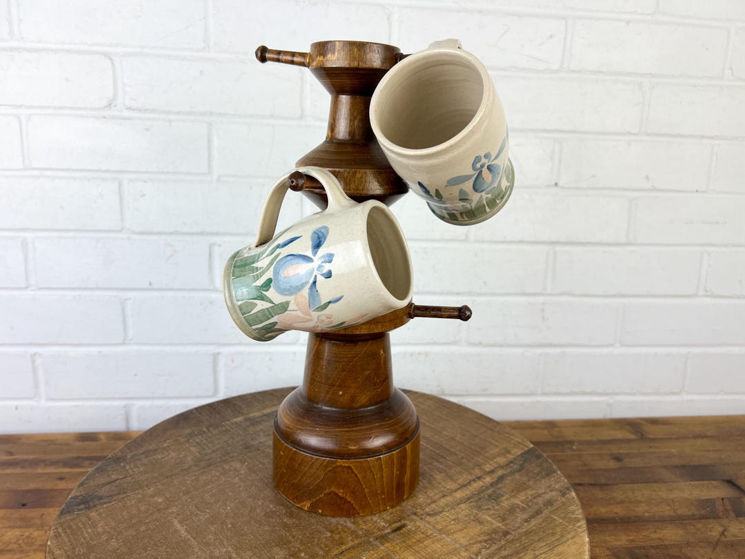 Vintage Wood Mug Tree Stand for 6 Coffee Cups Unique Brown Wooden ...