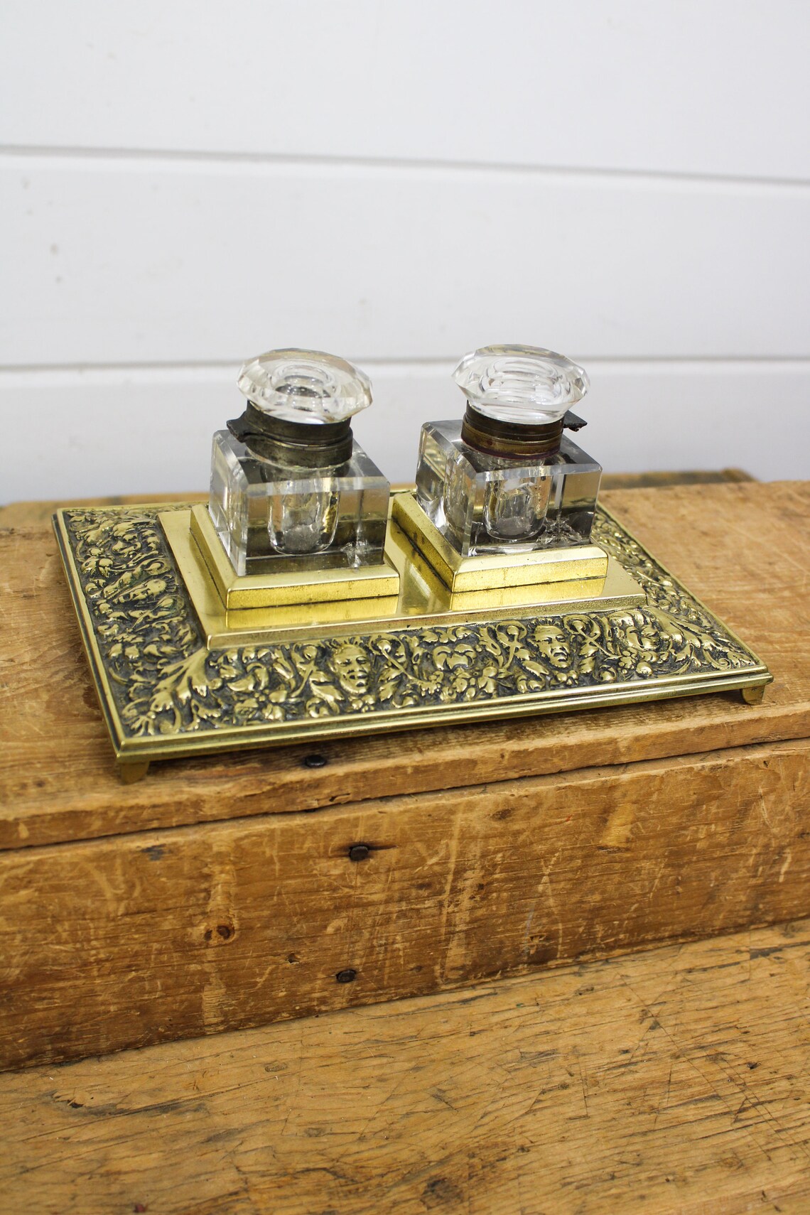 Vintage Brass Inkwell with 2 Glass Inserts Ink Pot Golden Gold | Etsy