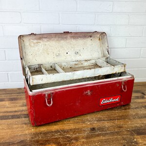 Vintage Distressed Red Metal Box With Lid and Tray Old Edelbrock Metal ...