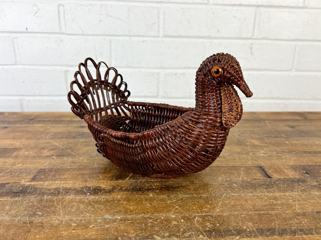 Vintage Dark Brown Wicker Turkey Basket Decorative Bird Planter Basket ...