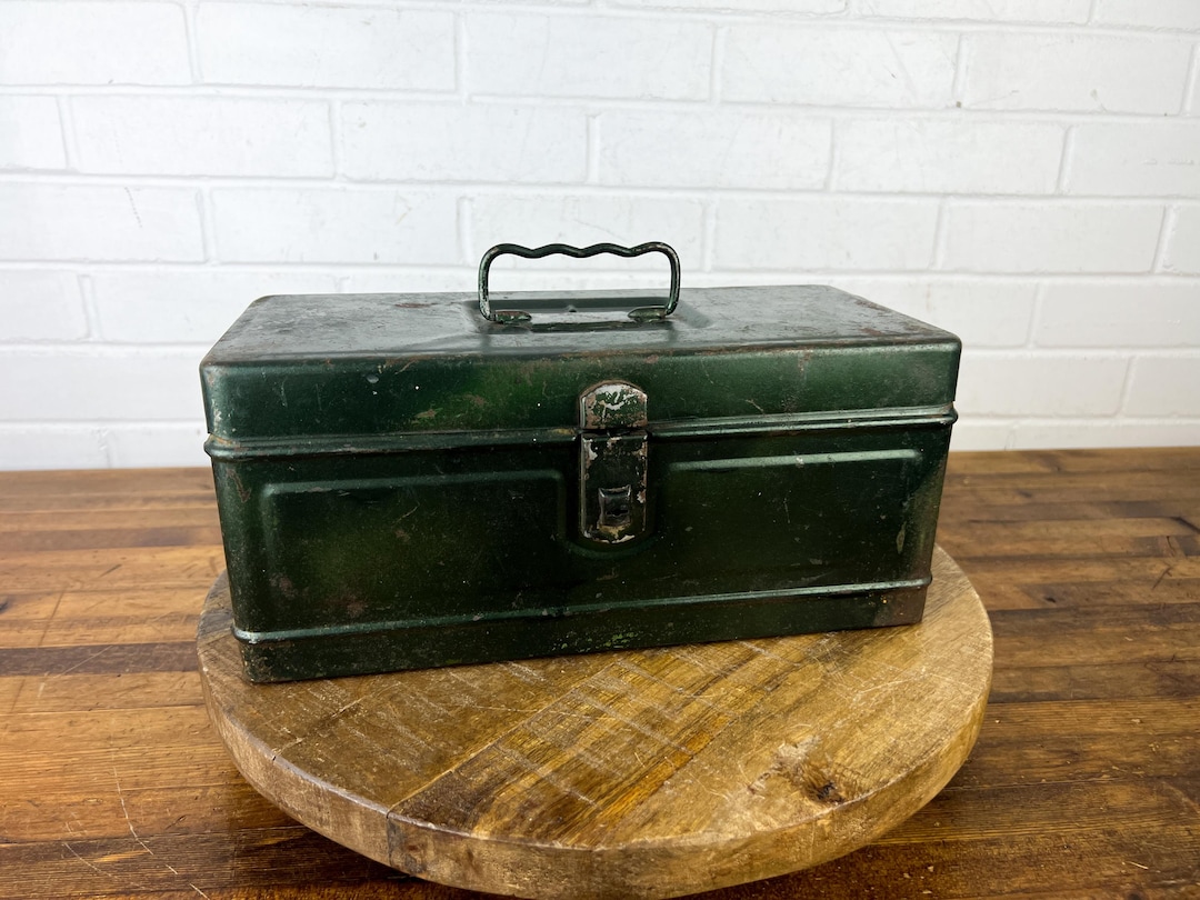 Distressed Vintage Green Metal Box With Tray With Latch Green Container ...