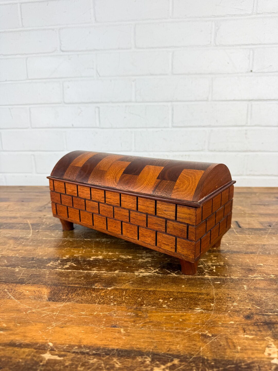 Vintage Handmade Wooden Keepsake Box | Puzzle Brick Pattern | J.O ...