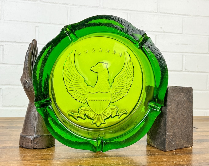 Vintage Large and Heavy Green Glass Ashtray With Eagle Shield Stars ...