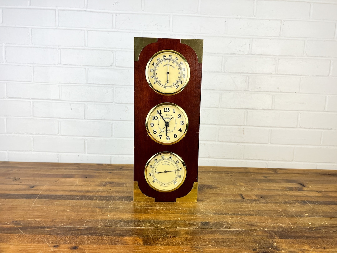Vintage Sunbeam Brown Wood Weather Station With Broken Clock Hanging ...