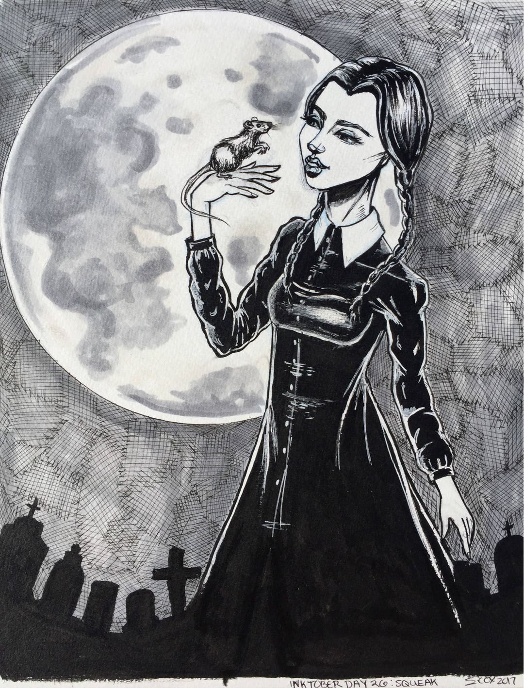 Wednesday Addams Original Pen and Ink Drawing by Sophia Cox, Inktober ...