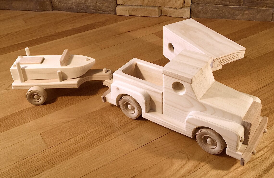 Handmade Wooden Pickup Truck With Camper and Boat on Trailer | Etsy