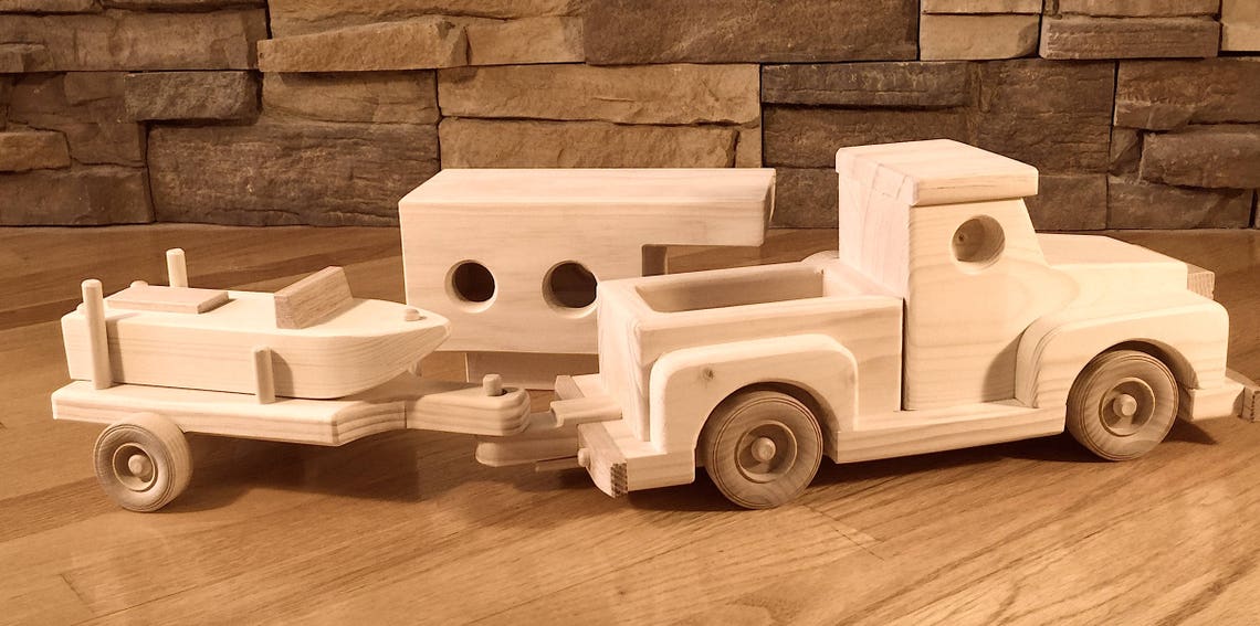 Handmade Wooden Pickup Truck With Camper and Boat on Trailer | Etsy