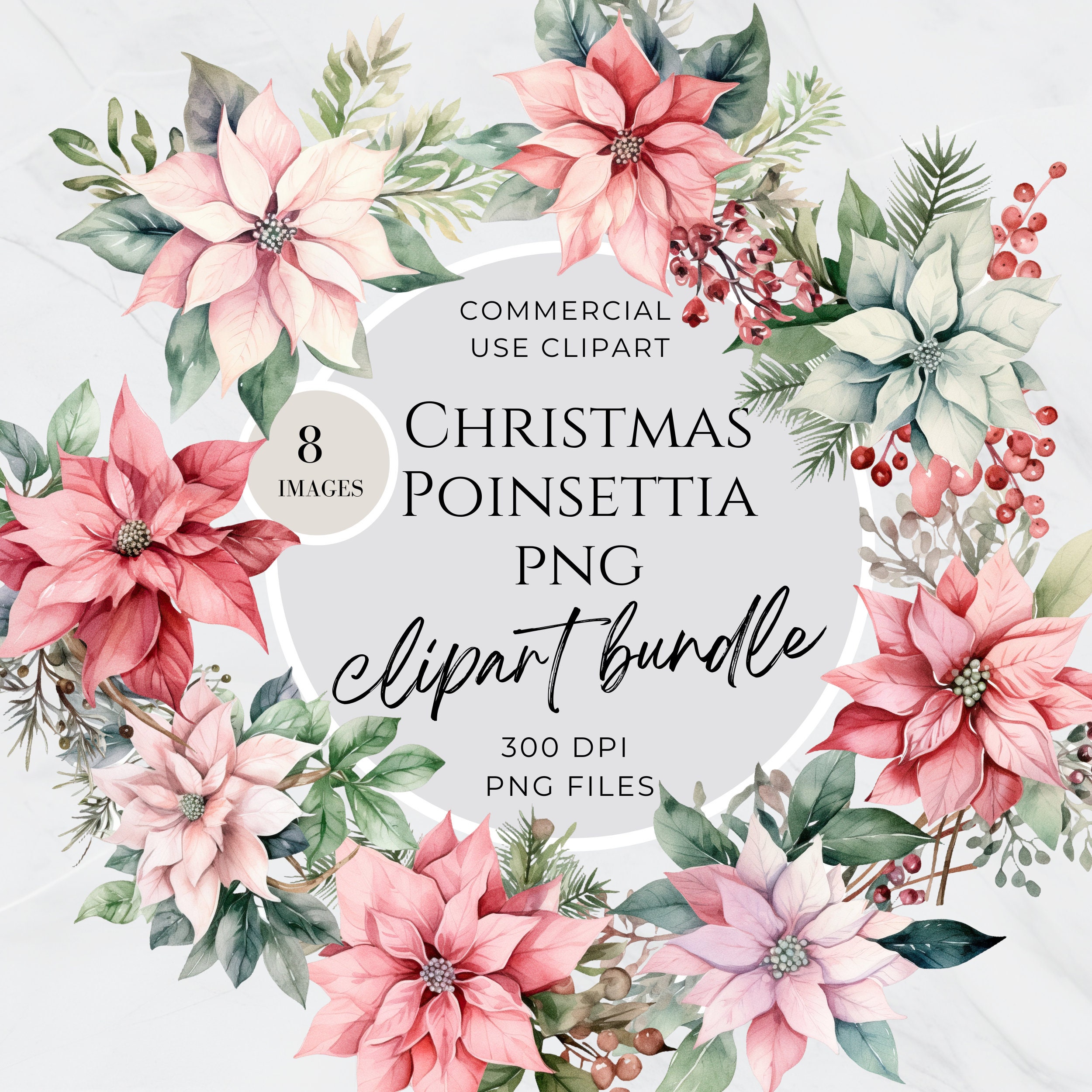 Christmas Poinsettia Clipart, Holiday Clipart, Watercolor Poinsettia ...