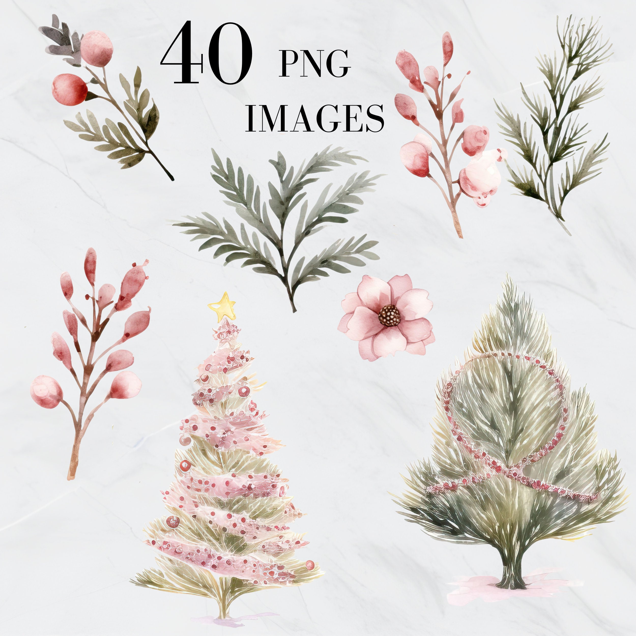 Watercolor Pink Christmas Clipart Bundle, Pink Christmas Tree Clipart ...