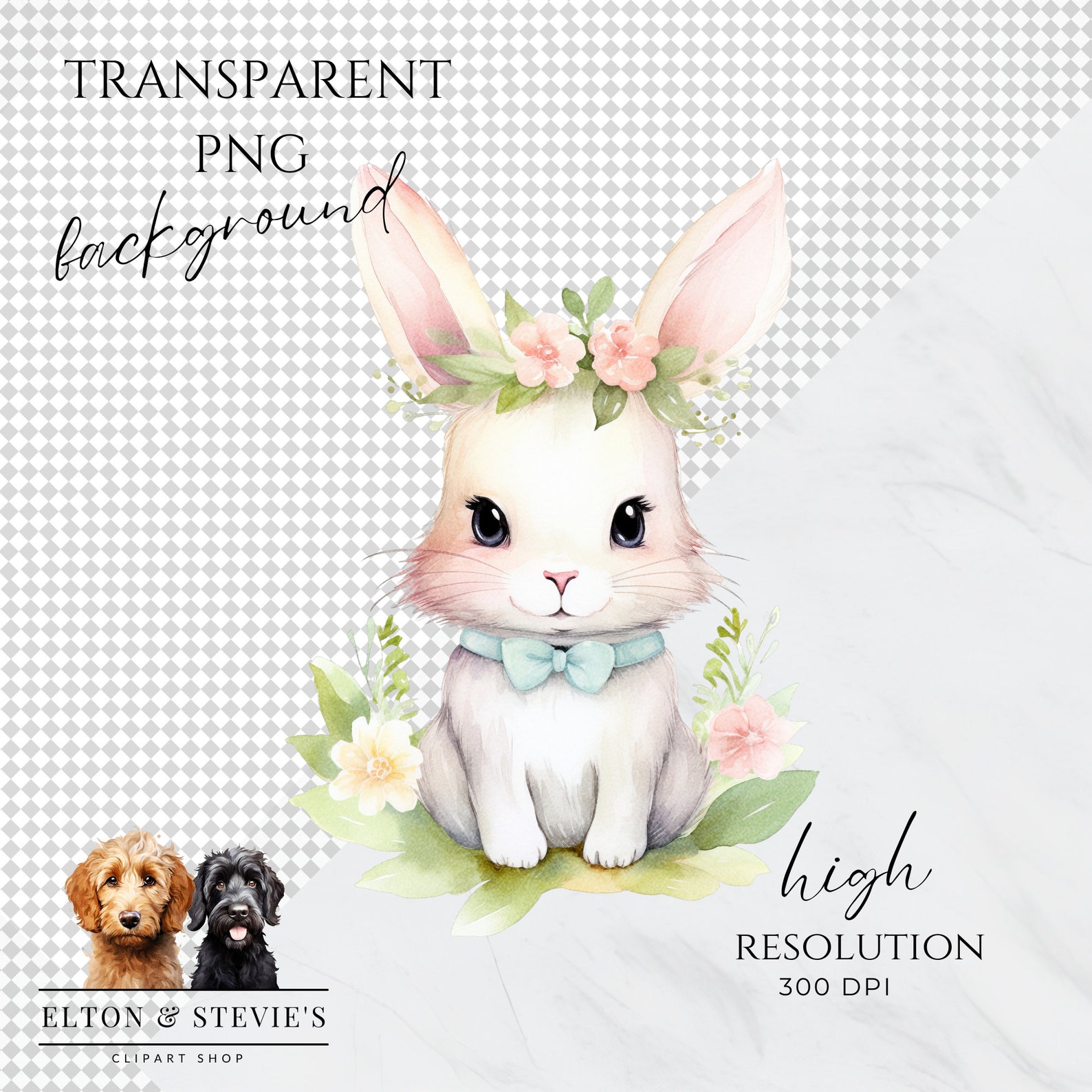 Watercolor Bunnies and Basket Clipart, Easter Bunny With Flowers Clip ...