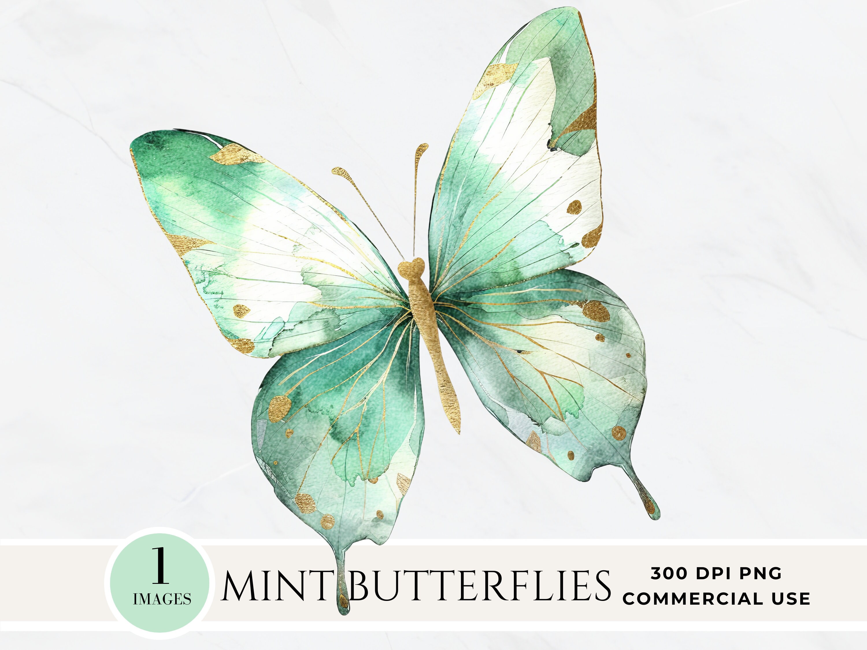 Mint Green Gold Butterflies Clipart, Watercolor Butterfly and Flower ...