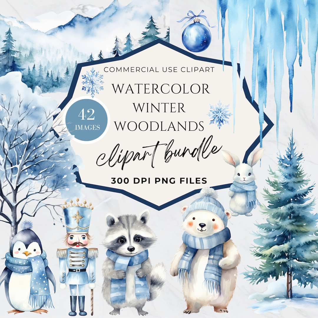 Winter Woodland Clipart, Winter Forest, Blue, Woodland Animals ...