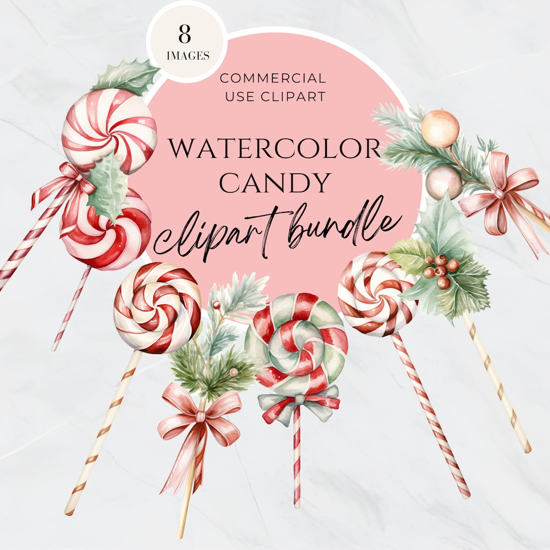 Watercolor Christmas Candy Clipart, Candy Cane With Bows, Christmas ...