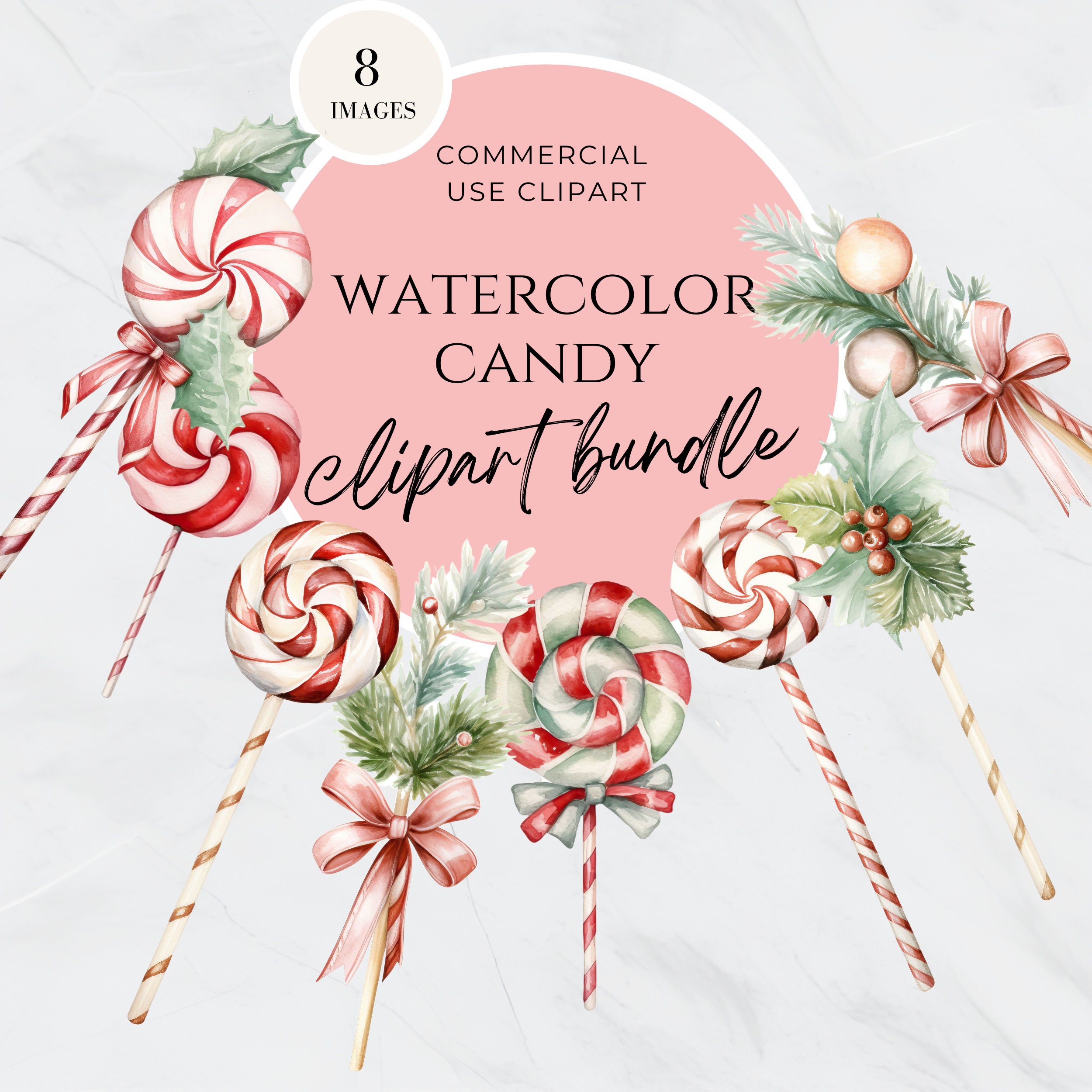 Watercolor Christmas Candy Clipart, Candy Cane With Bows, Christmas ...