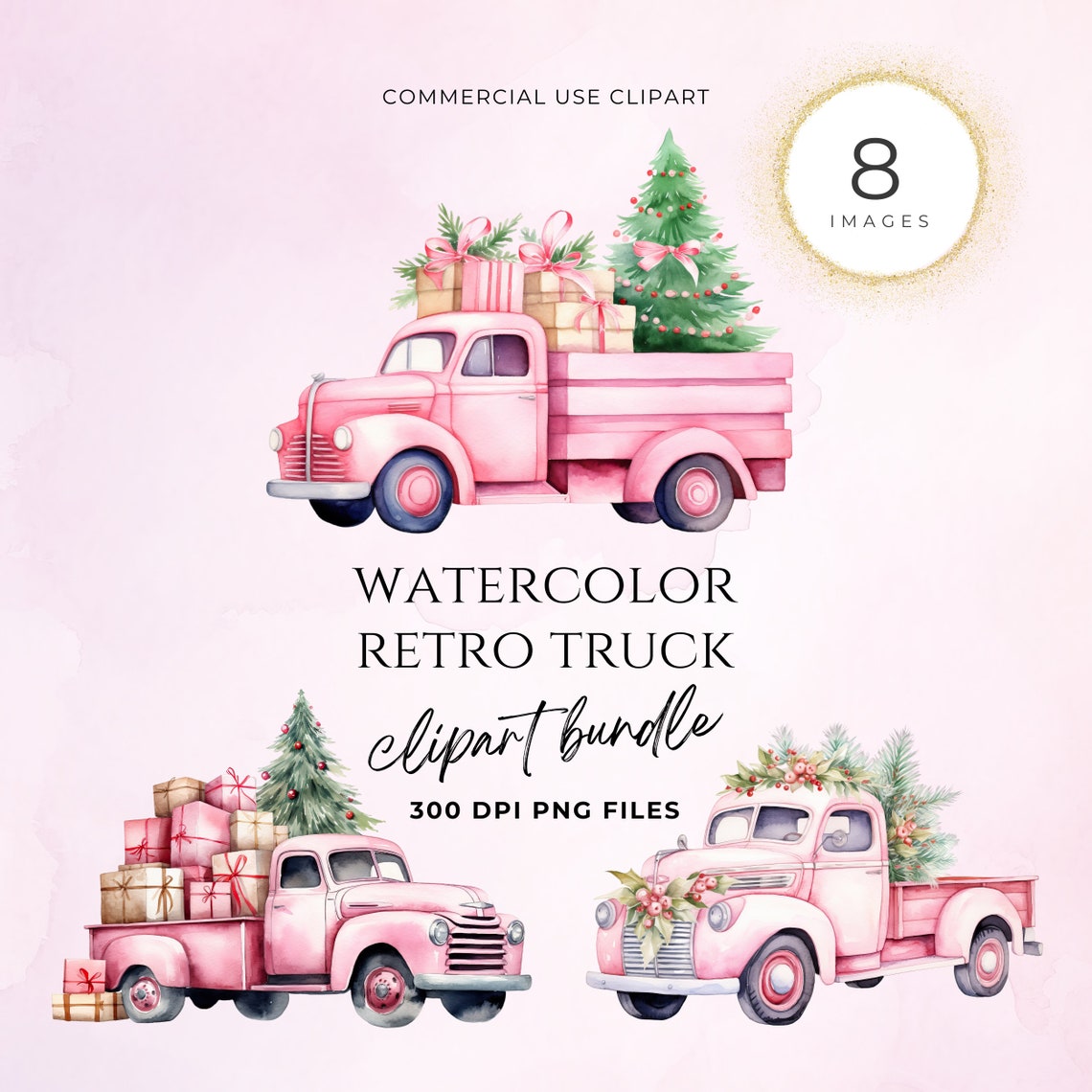 Pink Christmas Trucks Clipart, Watercolor Christmas Truck Clipart ...