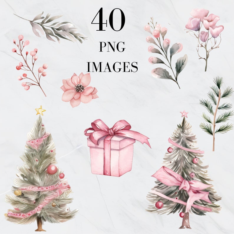 Watercolor Pink Christmas Clipart Bundle, Pink Christmas Tree Clipart ...