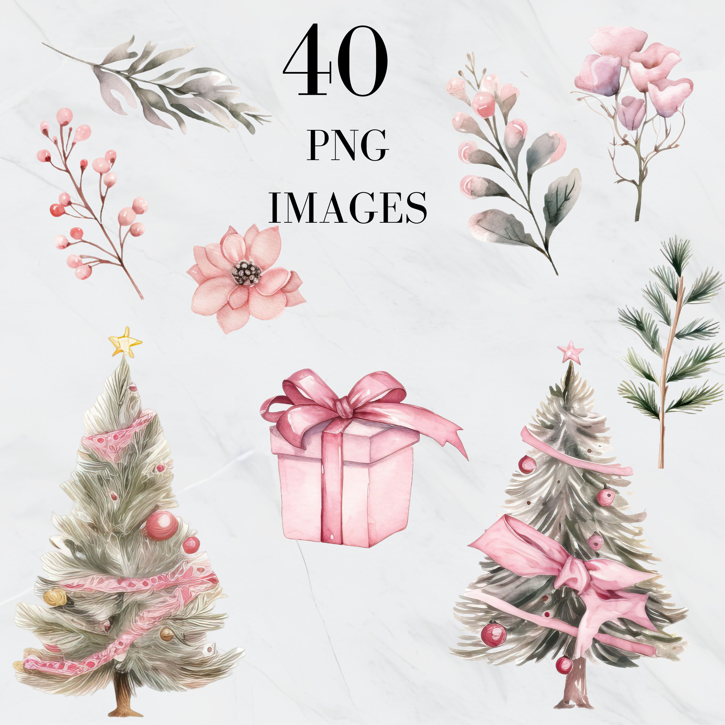 Watercolor Pink Christmas Clipart Bundle, Pink Christmas Tree Clipart ...