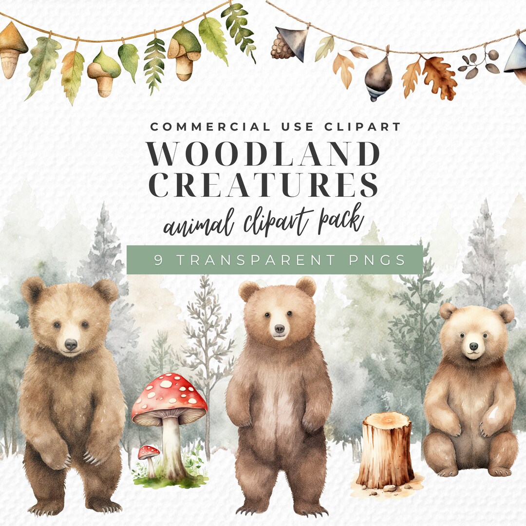 Watercolor Clipart Woodland Animals Bear, Creatures Clip Art, Baby ...