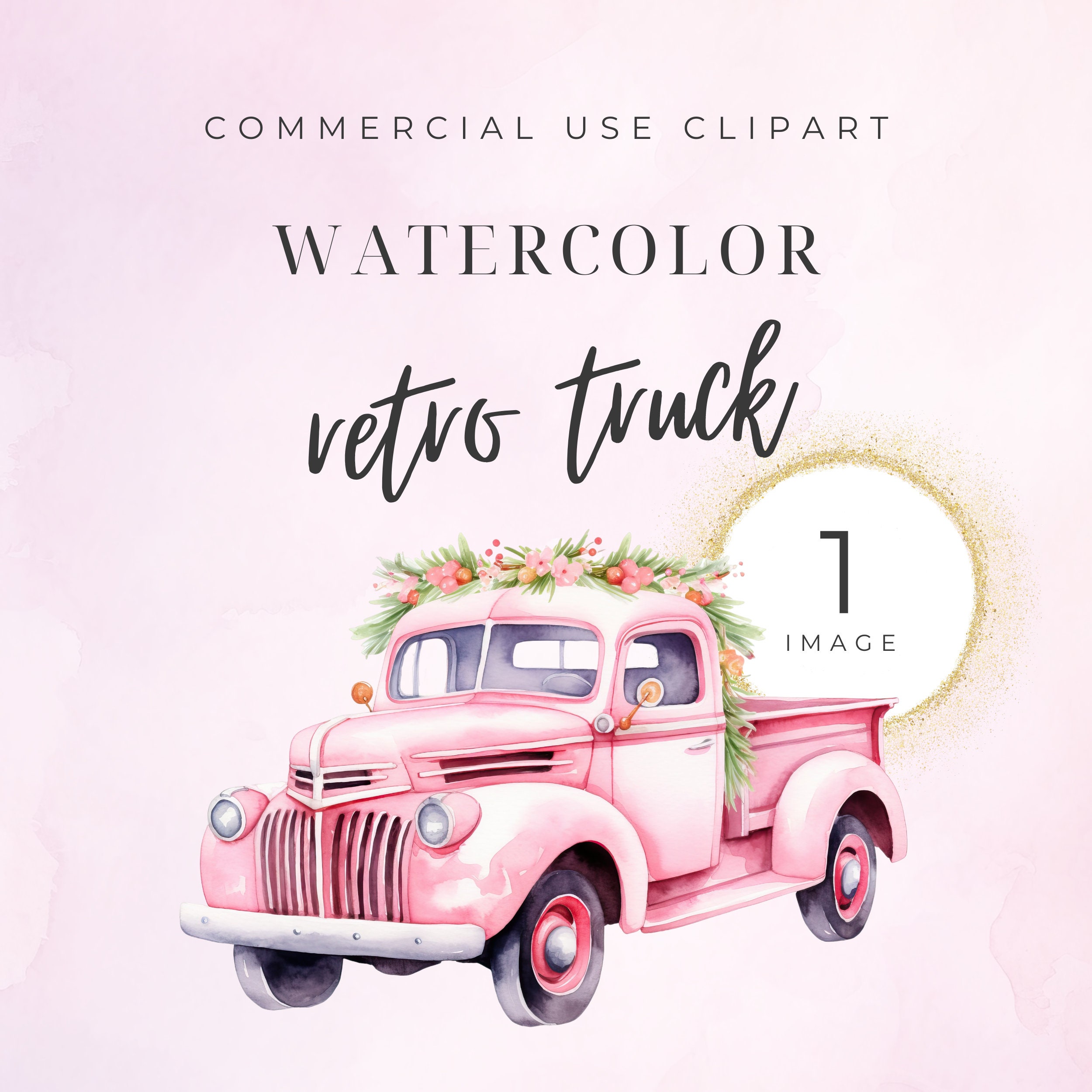 Pink Christmas Trucks Clipart, Watercolor Christmas Truck Clipart ...