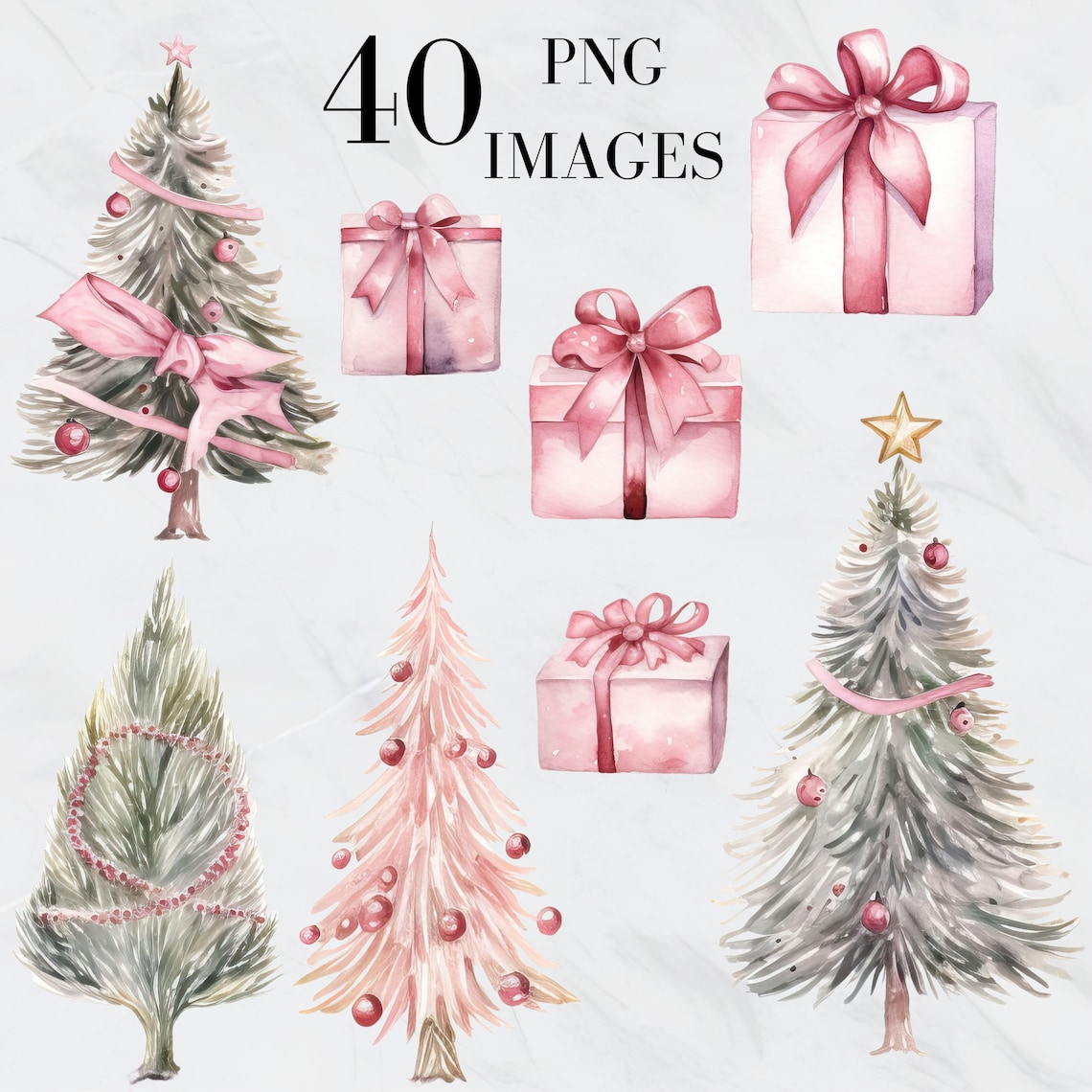 Watercolor Pink Christmas Clipart Bundle, Pink Christmas Tree Clipart ...