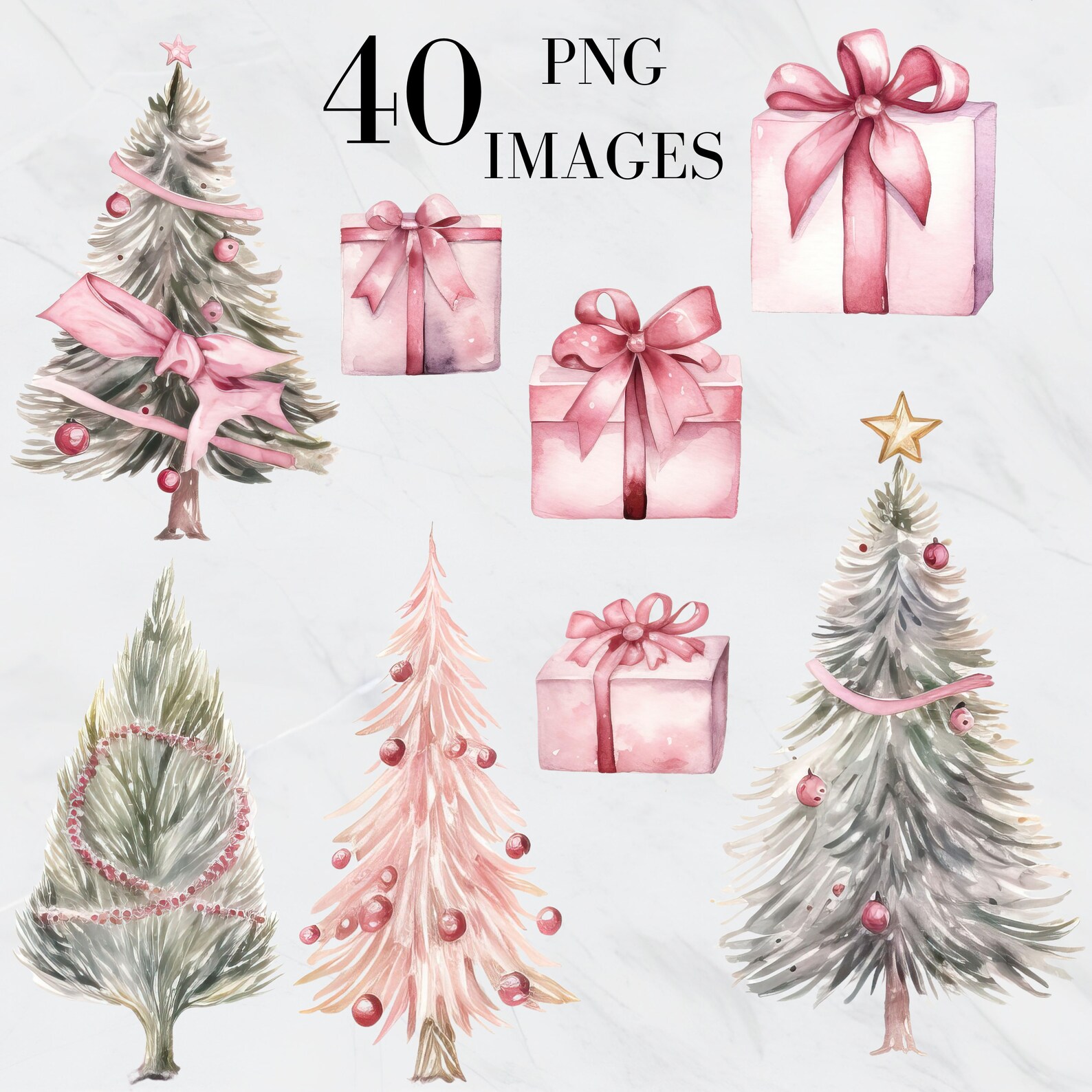Watercolor Pink Christmas Clipart Bundle, Pink Christmas Tree Clipart ...