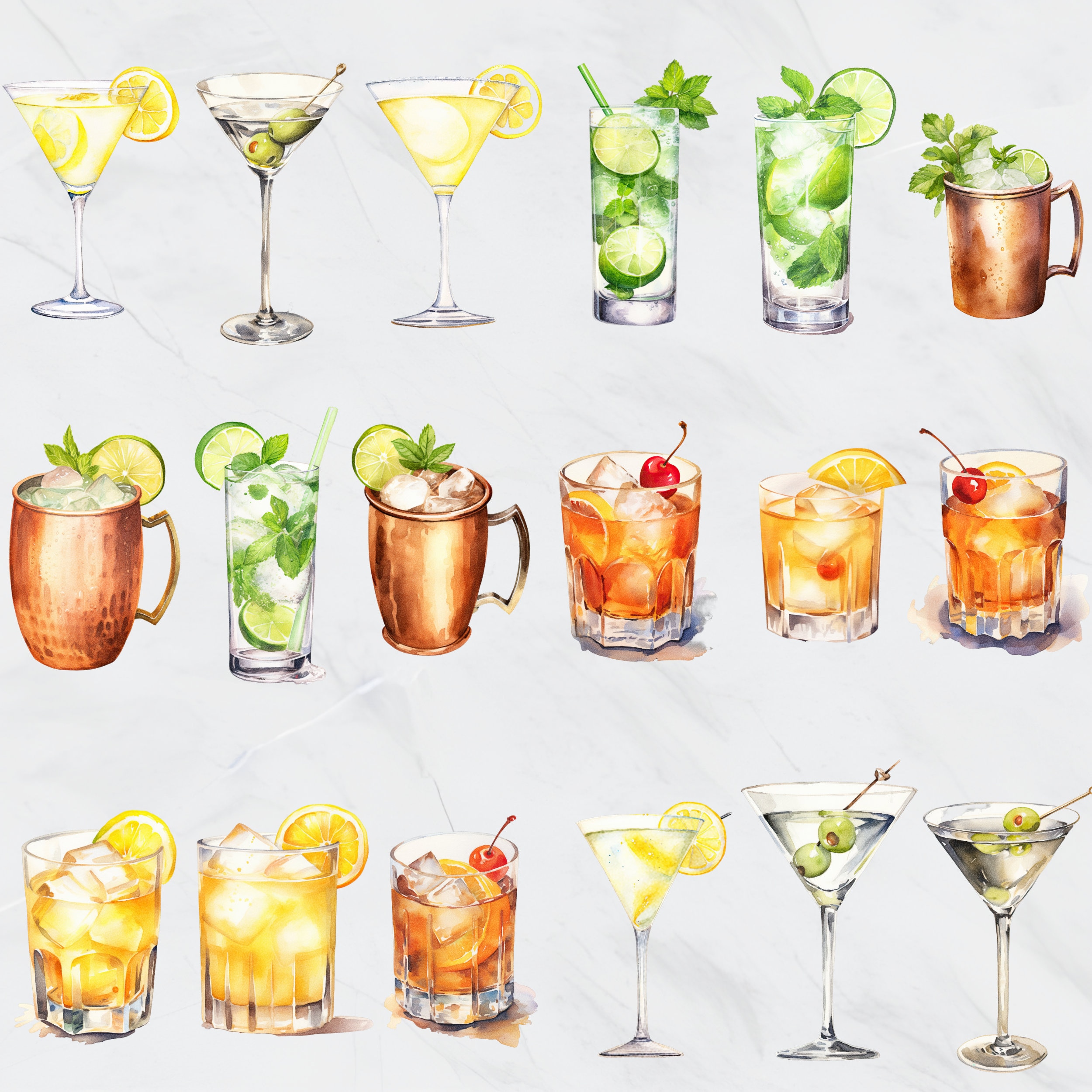 Bar Cart Clipart, Bar Menu Clip Art, Watercolor Signature Cocktail ...