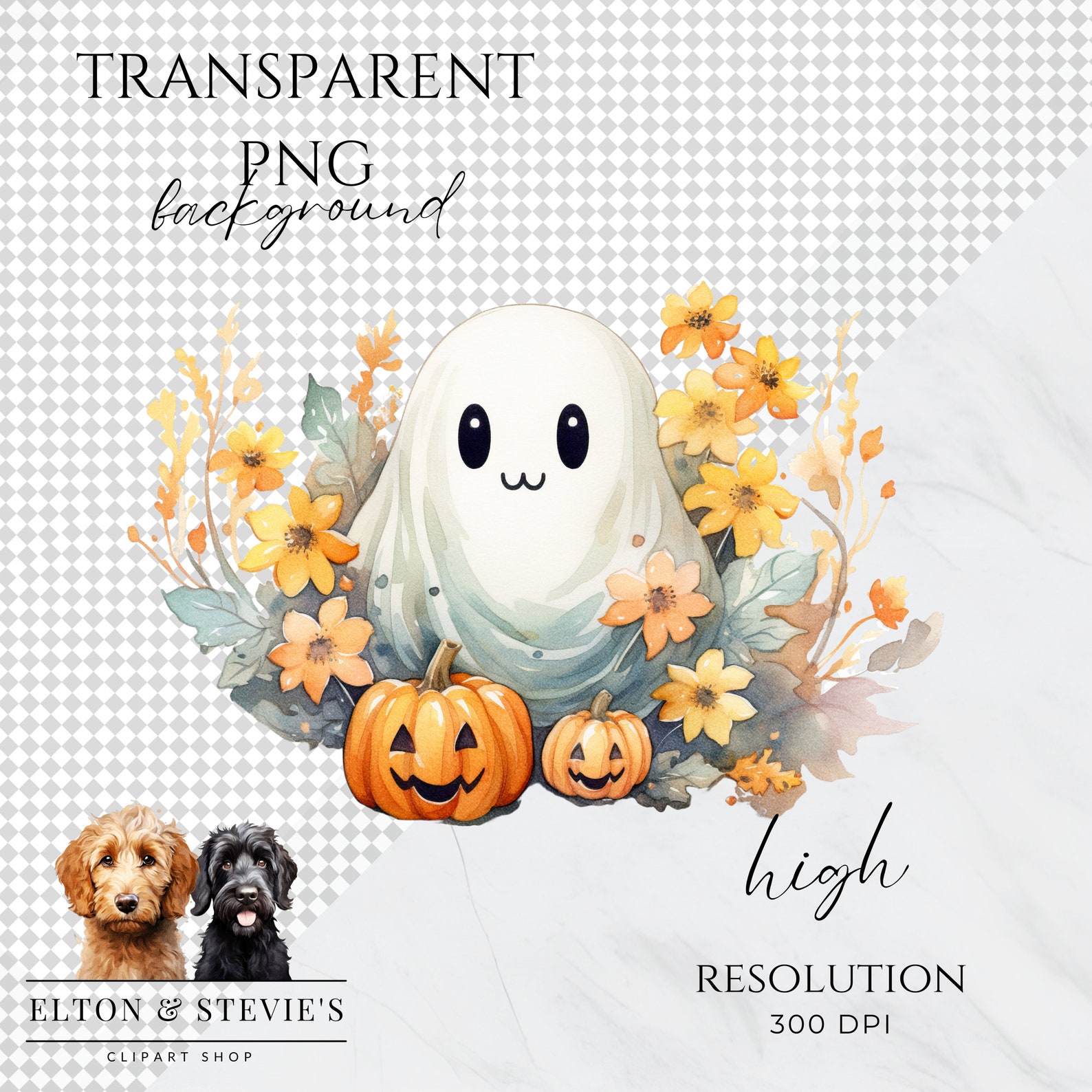 Floral Ghost Clipart, Halloween PNG, Watercolor, Pumpkin, Daisy Ghost ...