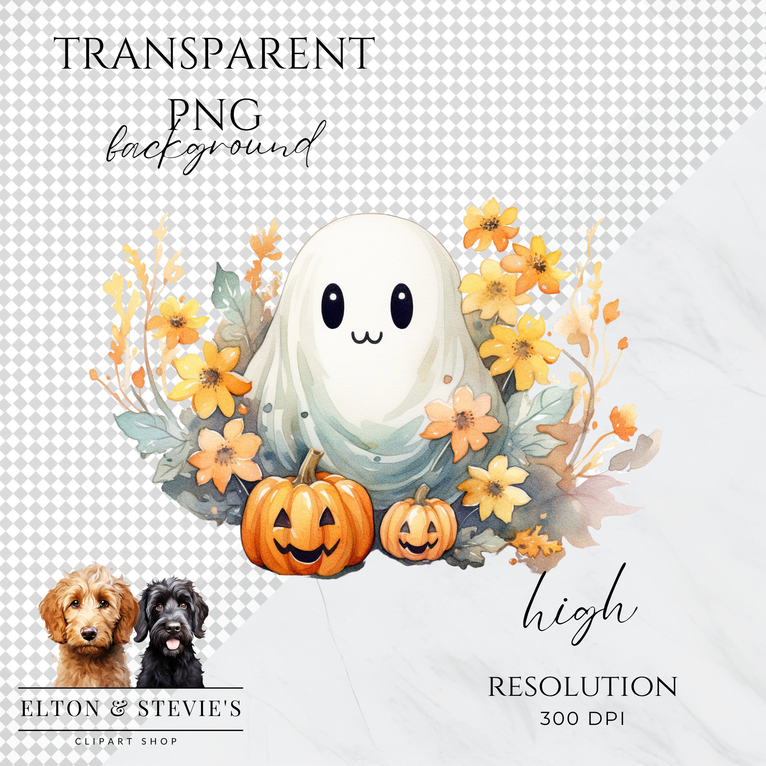 Floral Ghost Clipart, Halloween PNG, Watercolor, Pumpkin, Daisy Ghost ...