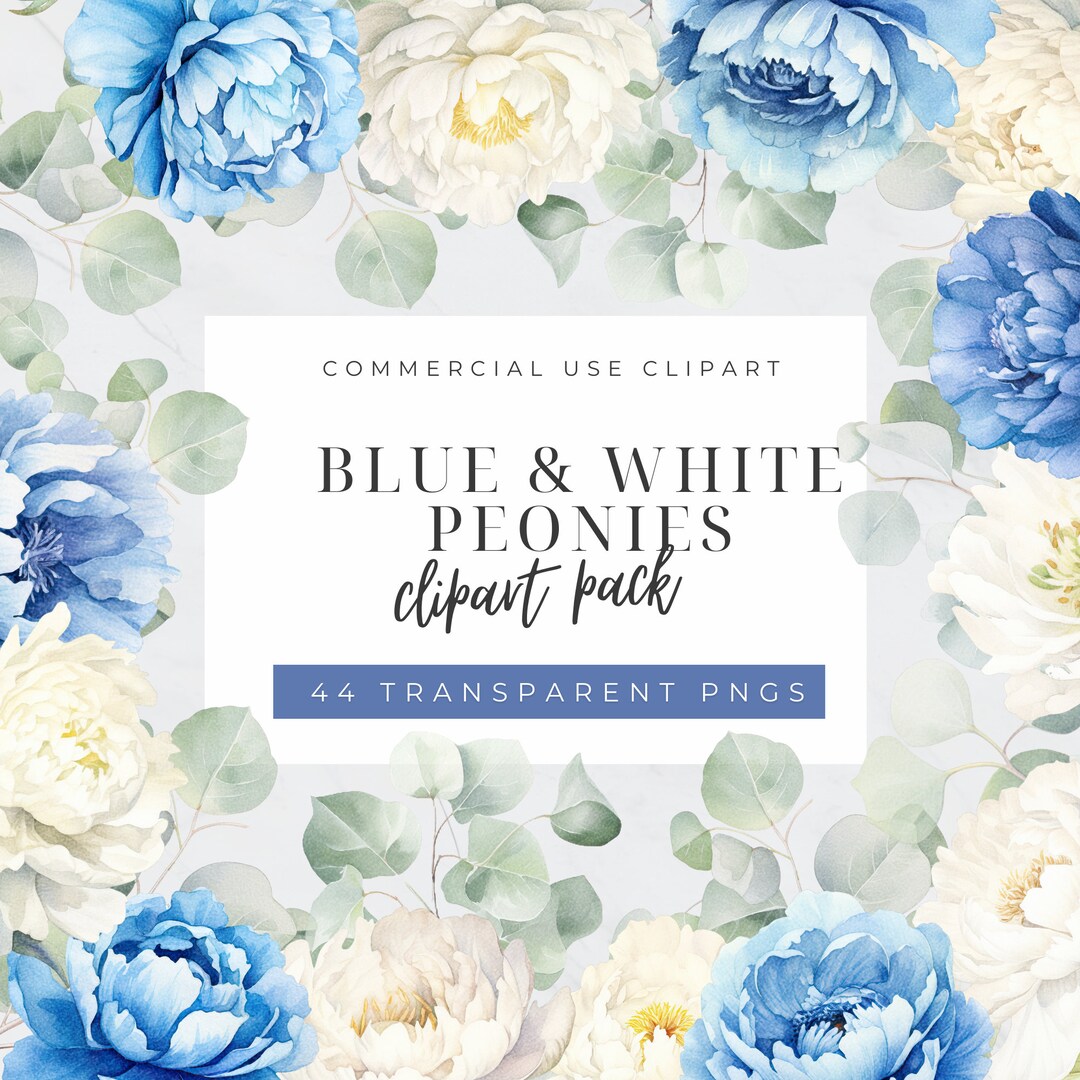 Dusty Blue Floral Clipart, Wedding Peonies Clip Art, White Pink Floral ...