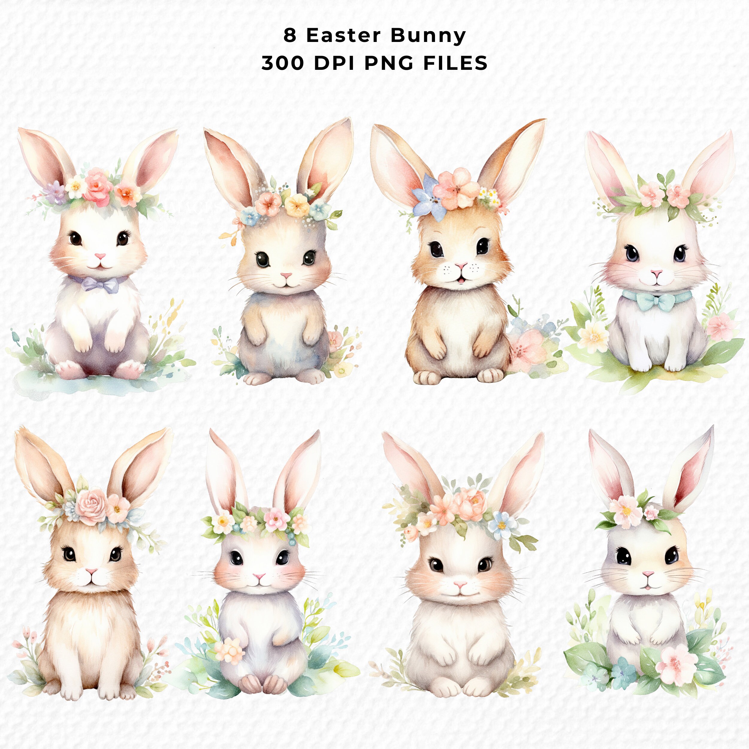 Watercolor Easter Bunny With Flowers Clipart Pack, Cute Baby Animal ...